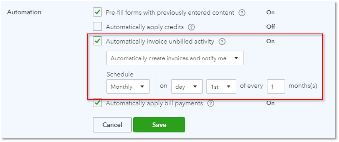Automatically invoice unbilled time activities